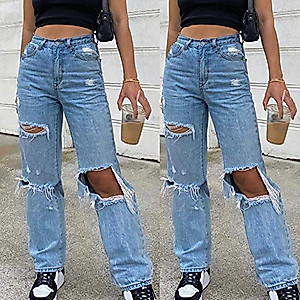 Fujiuia Pocket Jeans Waist Denim Elastic Hole Women Loose Trousers Button High Pants Pants Cute Jean Dress for Women