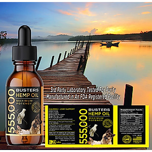 K2xLabs Buster's Large 60ml Bottle, 2mth Supply, Organic Hemp Oil for Dogs and Pets, 555,000 Max Potency, Made in USA - Miracle Formula, Perfectly Balanced Omega 3, 6, 9 - Joint Relief, Calming