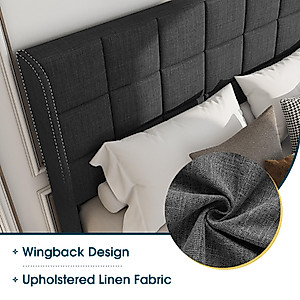 WEEWAY Queen Size Wingback Upholstered Platform Bed Frame, Box-tufted Headboard, Wooden Slats, No Box Spring Needed, Easy Assembly, Dark Grey