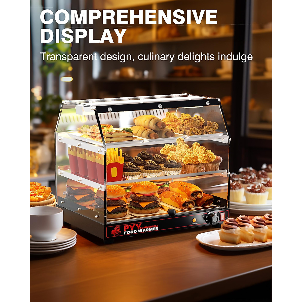 PYY Commercial Food Warmer Display - Countertop Hot Box Warming Cabinet for Restaurant Party Buffet, 3-Tier Electric Heating Case with Dual Insulated Door Suit for Pizza Hamburger, Black