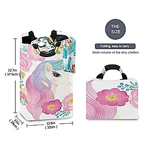 senya Large Storage Basket Collapsible Organizer Bin Laundry Hamper for Nursery Clothes Toys, Unicorn Head in Flowers