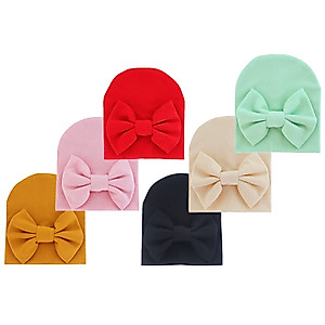 QandSweet Newborn Girls' Hats & Caps Infant Big Bow Cotton Hat 0-6 Months 6-Pack (6 Colors A)