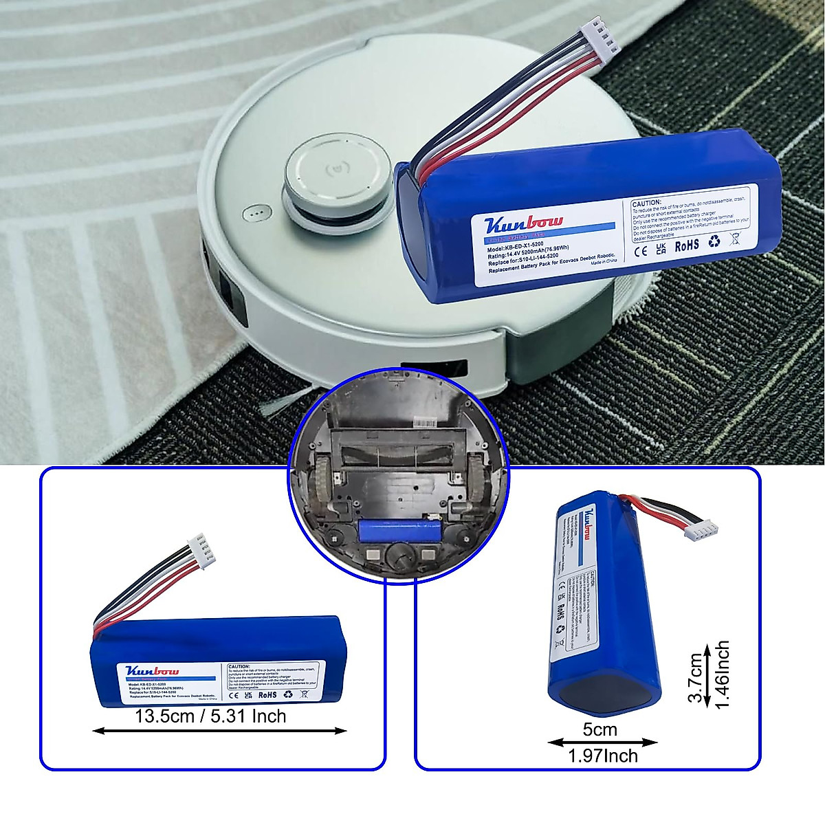 kunbow 5200mAh Li-ion Battery, Replacement Battery for Ecovacs Deebot Ozmo 950 DX9G,Deebot T20 Omni,Deebot X1, Deebot T8 Pure,T8+, Deebot T9,Deebot T10,Deebot T5 Home Cleaner Robot. (14.4V/74.88Wh)
