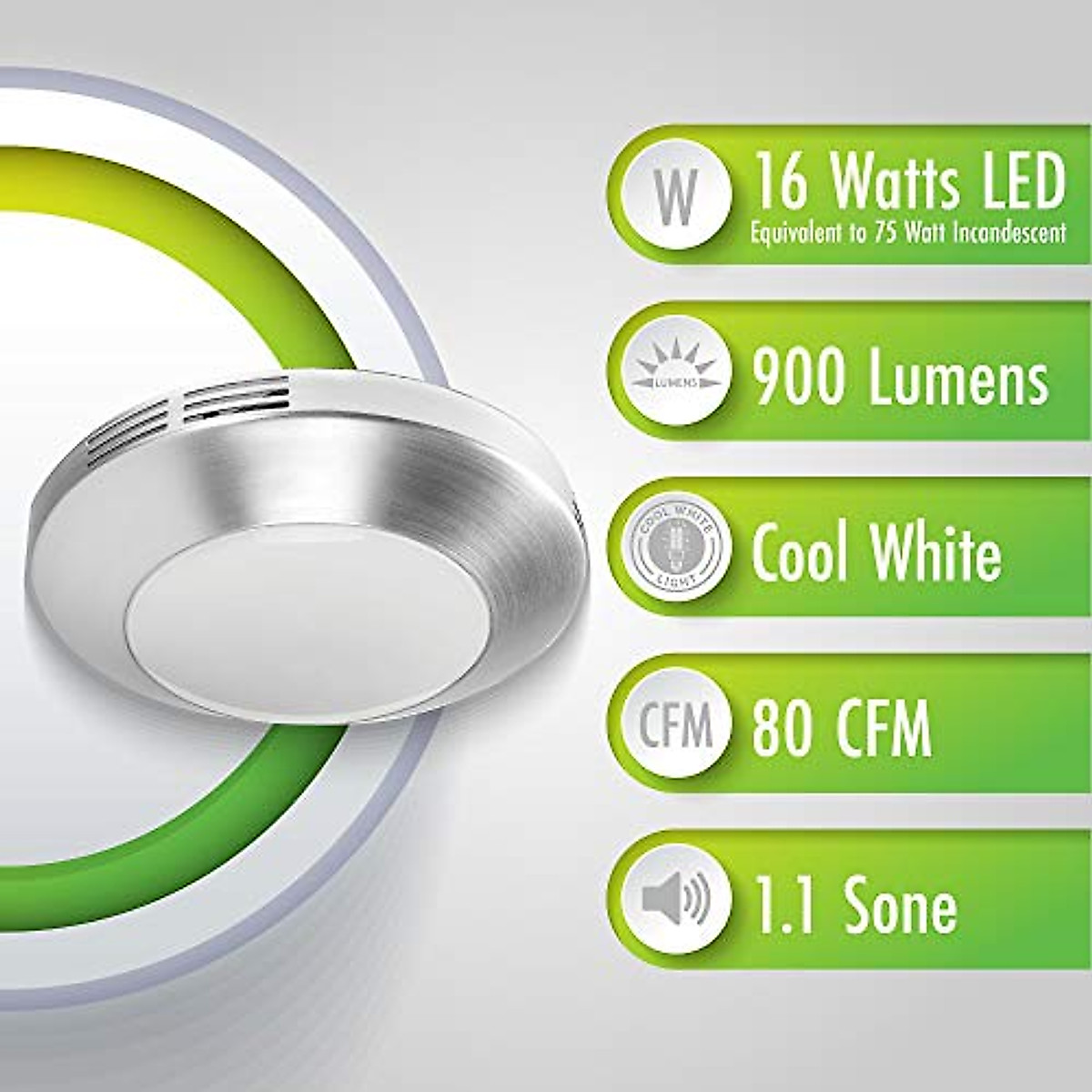 Homewerks 7117-01-BN Bathroom Integrated LED Light Ceiling Mount Exhaust Ventilation 1.1 Sones 80 CFM, Bath Fan Brushed Nickel