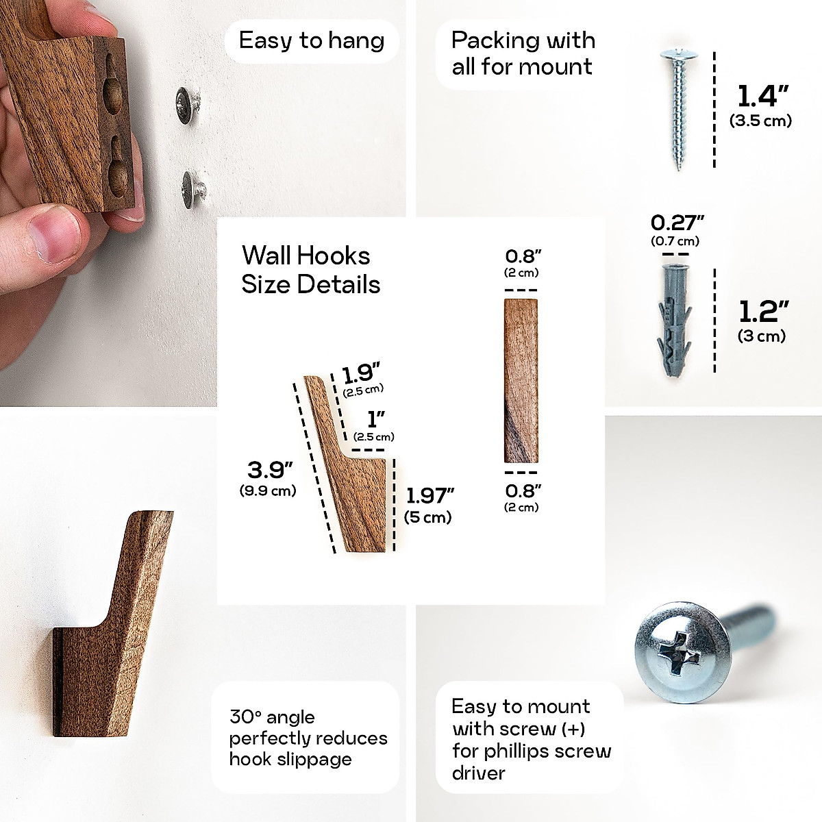 THEHRDWOOD Wood Wall Hooks - Set of 4 - Dark Walnut Wood Coat Hooks for Hanging Hat, Purse, Backpack, Bag, Jacket - Modern Farmhouse Decor for Wall and Practical Entryway Wall Hooks (Walnut)