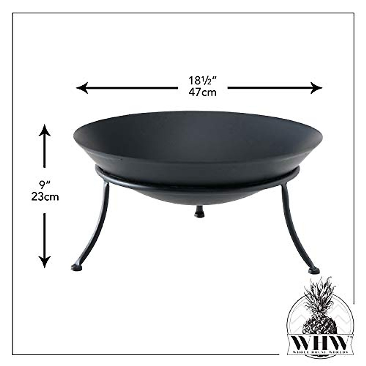 WHW Whole House Worlds 2 Piece Americana Fire Pit Set, Wide Bowl, Raised Tripod Stand, Vintage Style Smithy Black, Smooth Finish, Iron, 18.5 Diameter x 9 H Inches (47.0 D x 23.0 H cm)
