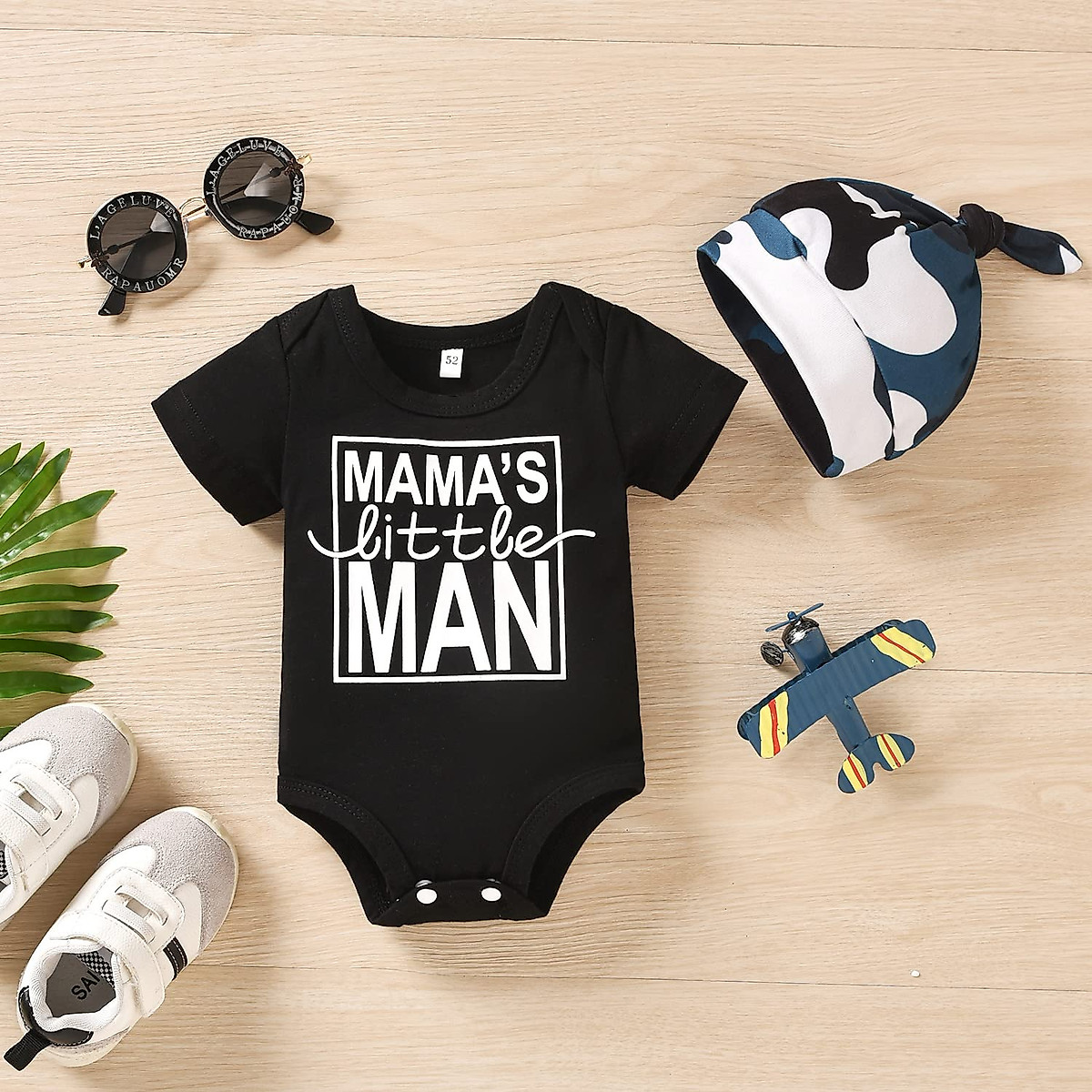 HIHA Preemie Newborn Baby Boy Clothes Set Short Sleeeve Romper Camoflauge Pants Hat 3PCS Mamas Man Outfit Mamas Little Boy Print (Blue Camo, Preemie)