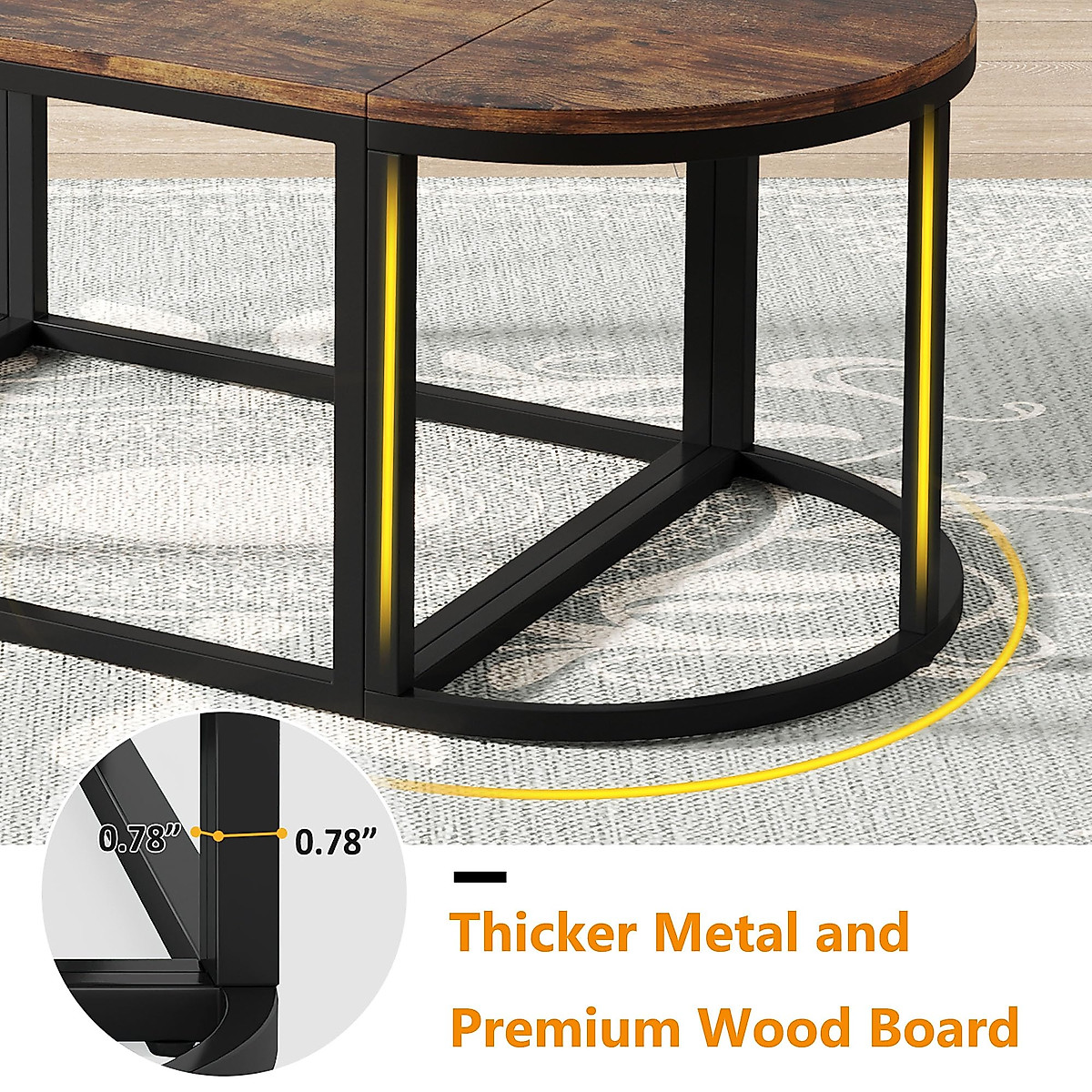 Wood Coffee Table Set: Large 47" Modern Oval Coffee Table for Living Room, Detachable into a Square Table and Small Round End Tables Mid-Century Side Table Couch Table with Storage, Stable Metal Stand