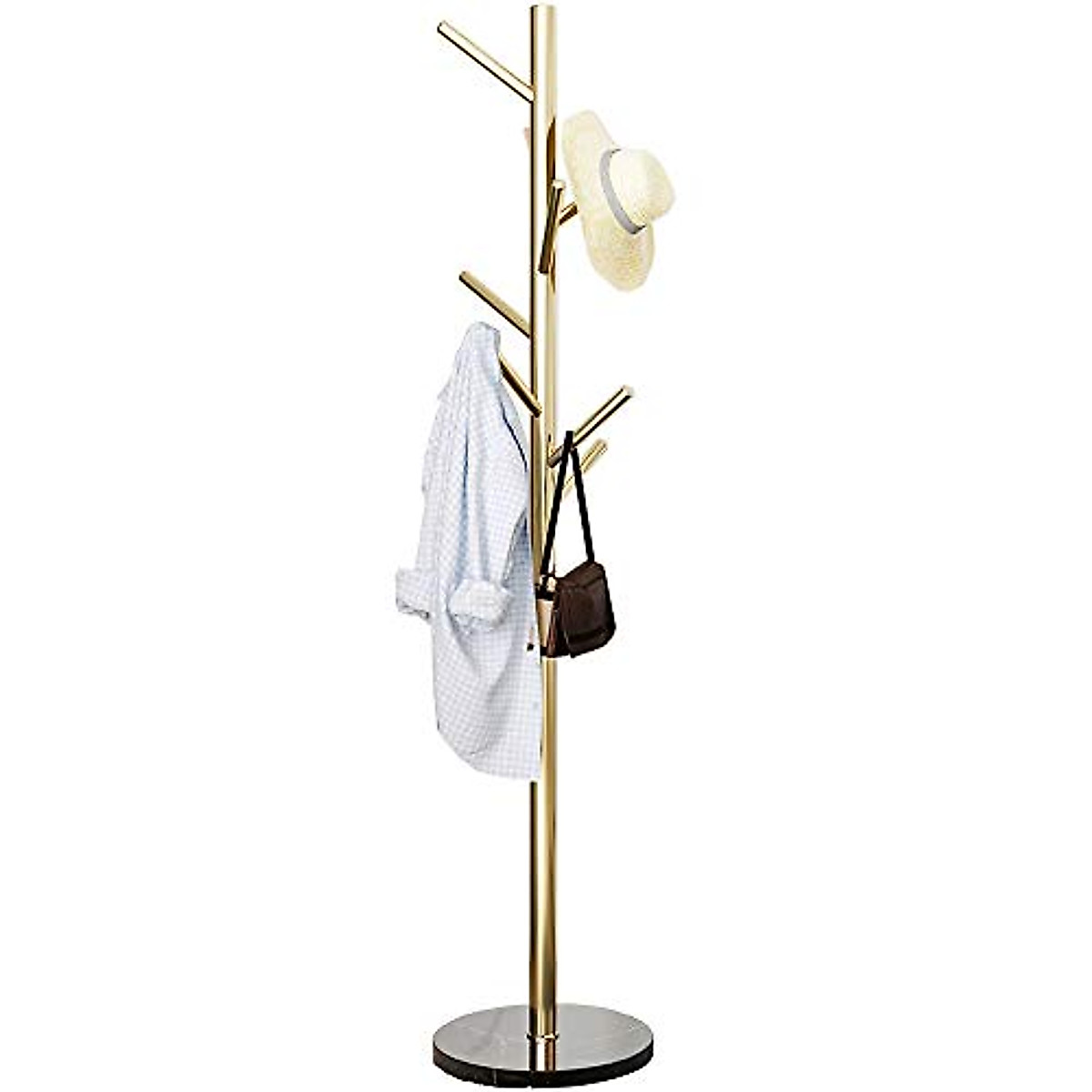 Metal Coat Rack Stand Golden Satin Steel Finish Stable Marble Base, High-Grade with Hooks Metal Tree Hat & Coat Hanger Floor Free Standing Wall Bedroom Easy Assembly (Golden)