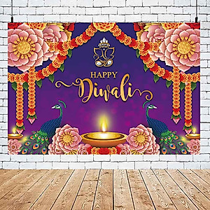 MEHOFOND 7x5ft Happy Diwali Party Backdrop Purple India Light Festival Photography Background Candle Burning Light Floral Peacock Diwali Party Decorations Cake Table Banner Photo Studio Supplies