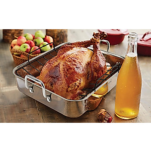 Rorence Roasting Pan with Rack: 16-Inch Stainless Steel Rectangular Turkey Roaster pan with Nonstick V-Shaped Rack for Thanksgiving Christmas – Set of 5