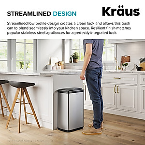 Kraus GarbagePro Rectangular 13 Gallon Hands-Free Motion Sensor Trash Can Battery Operated in Fingerprint Resistant Stainless Steel Finish with SoftShut Touchless Lid, KTCS-10SS