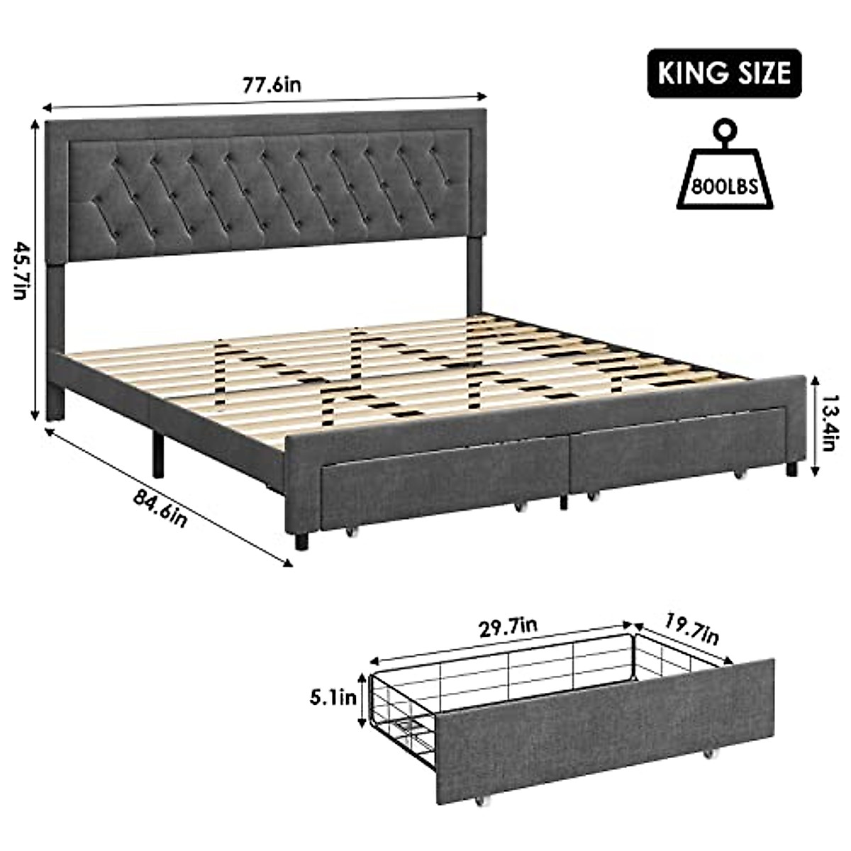 King Bed Frame with 2 Storage Drawers, Fabric Upholstered Platform Bed Frame with Deep-set Pattern Button Tufted Headboard, Sturdy Wood Slats Support Mattress Foundation, No Box Spring Needed, Grey