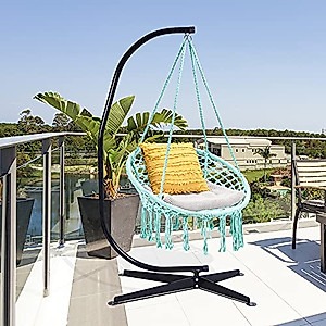 Tangkula Hanging Hammock Chair, Macrame Swing Chair with Tassels and Heavy-Duty Hanging Rings, Bohemian Style Handmade Cotton Rope Swing for Indoor Outdoor, Ideal for Bedroom, Patio, Yard, Garden