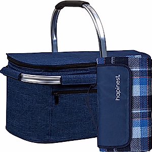 Hapinest 34L Large Picnic Basket and Blanket Set for 2-6, Blue Heather Navy | Insulated Collapsible Basket with Waterproof Outdoor Beach Blanket | Gifts for Couples, Housewarming, or Wedding