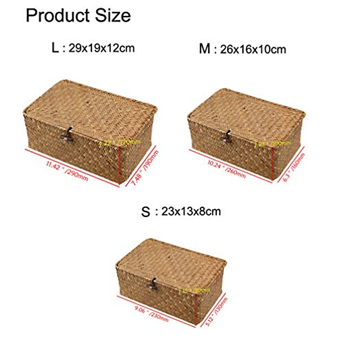 IMIKEYA Rattan Box Rectangular Wicker Storage Basket with Lid Decorative Seagrass Nesting Baskets Set Storage Baskets for Organizing Bedroom Bathroom Laundry Room Kitchen S Woven Basket
