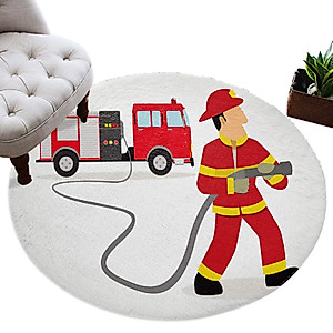 Shag Area Rug, 4ft Indoor Round Area Rugs- Fire Truck and Firefighters Shaggy Carpet Nursery Rug for Kids Baby Bedroom Living Room Home Decor