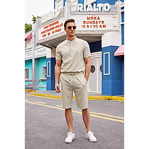 COOFANDY Men's 2 Pieces Linen Set Casual Henley Shirts Short Sleeve Beach Yoga Shorts Summer Pants Outfits
