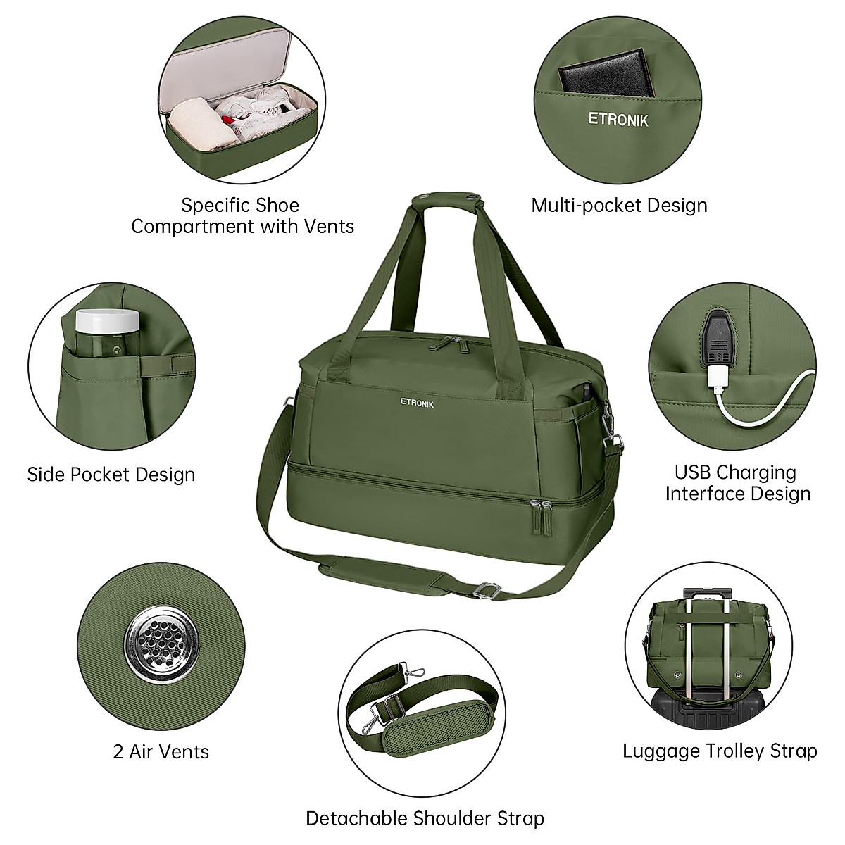 ETRONIK Gym Bag for Women, Travel Duffel Bag with USB Charging Port, Weekender Overnight Bag with Wet Pocket and Shoes Compartment for Women, Travel, Gym, Yoga (Army Green)