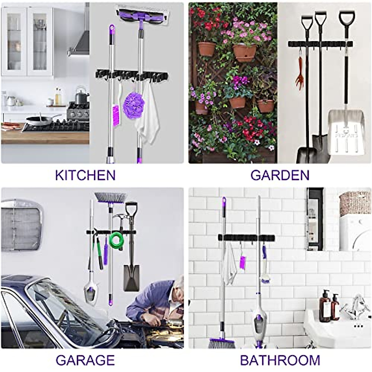 NisuAM Broom and Mop Holder Wall Mount with 5 Slots 4 Hooks, Broom Hanger Self Adhesive, Black Matte Garage Rack & Tool Organizer, Home Storage Shelving for Closet Door,Cabinet,Lanudry