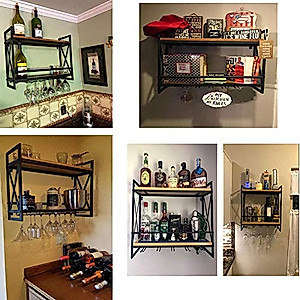 Small and Beauty Wine Glass Rack Wall Mounted,23.6in Industrial Wall Wine Racks for Wine Bottles,2-Tier Wood Shelf Wine Holder,Hanging Wine Racks with 5 Stem Glass Holder,Mugs Racks(Black Metal)