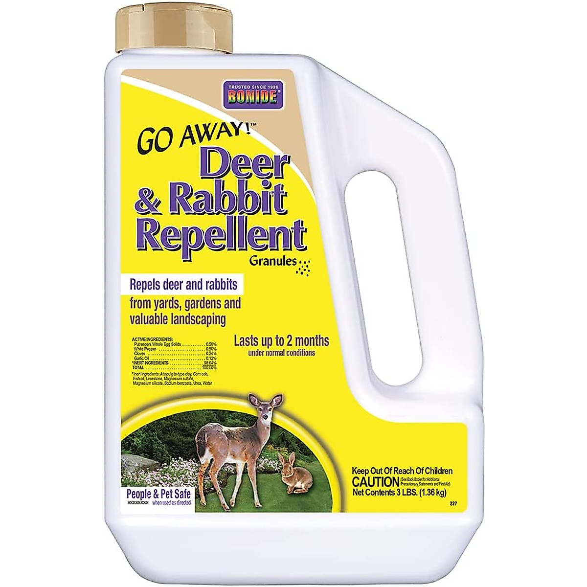 Bonide Go Away! Deer & Rabbit Repellent Granules, 3 lb. Ready-to-Use, Deter Deer from Garden, Flowers & Plants