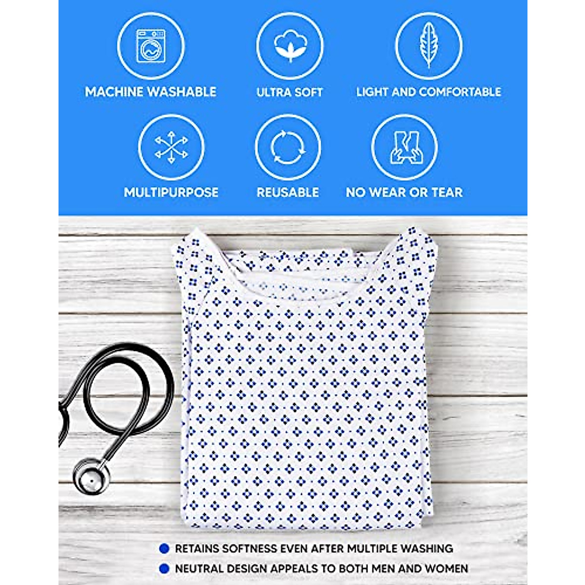 Wrinkle-Free Patient Gown - Fine Cotton Blend - Soft and Comfortable Fabric - Back Front Tie - Fit Easily Up to 2XL Size - Multipurpose Hospital Gown for Men and Women - Reusable and Washable -4 Pack