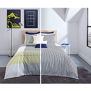 Lacoste Backspin 2- Piece Reversible 100% Cotton Striped Duvet Cover & Sham Set, Twin/Twin XL, Ivory/Blue/Yellow
