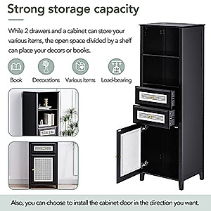 OPTOUGH Boho Style Slim Tall Storage Narrow Bathroom Corner Rattan Door Mid Century Modern Tower Freestanding Cabinet Organizer with Metal Handles for Kitchen, Living Room, Bedroom, Black