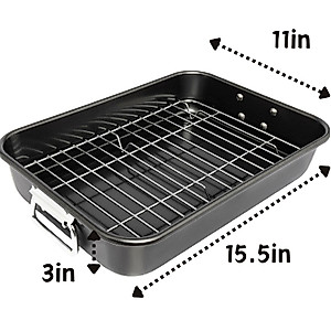 Roasting Pan with Rack and Handles - 15 Inch Carbon Steel Roaster Pan for Oven - Large Roaster Pot for Turkey Chicken Meat & Vegetables, Dishwasher Safe, Heavy Duty, Black