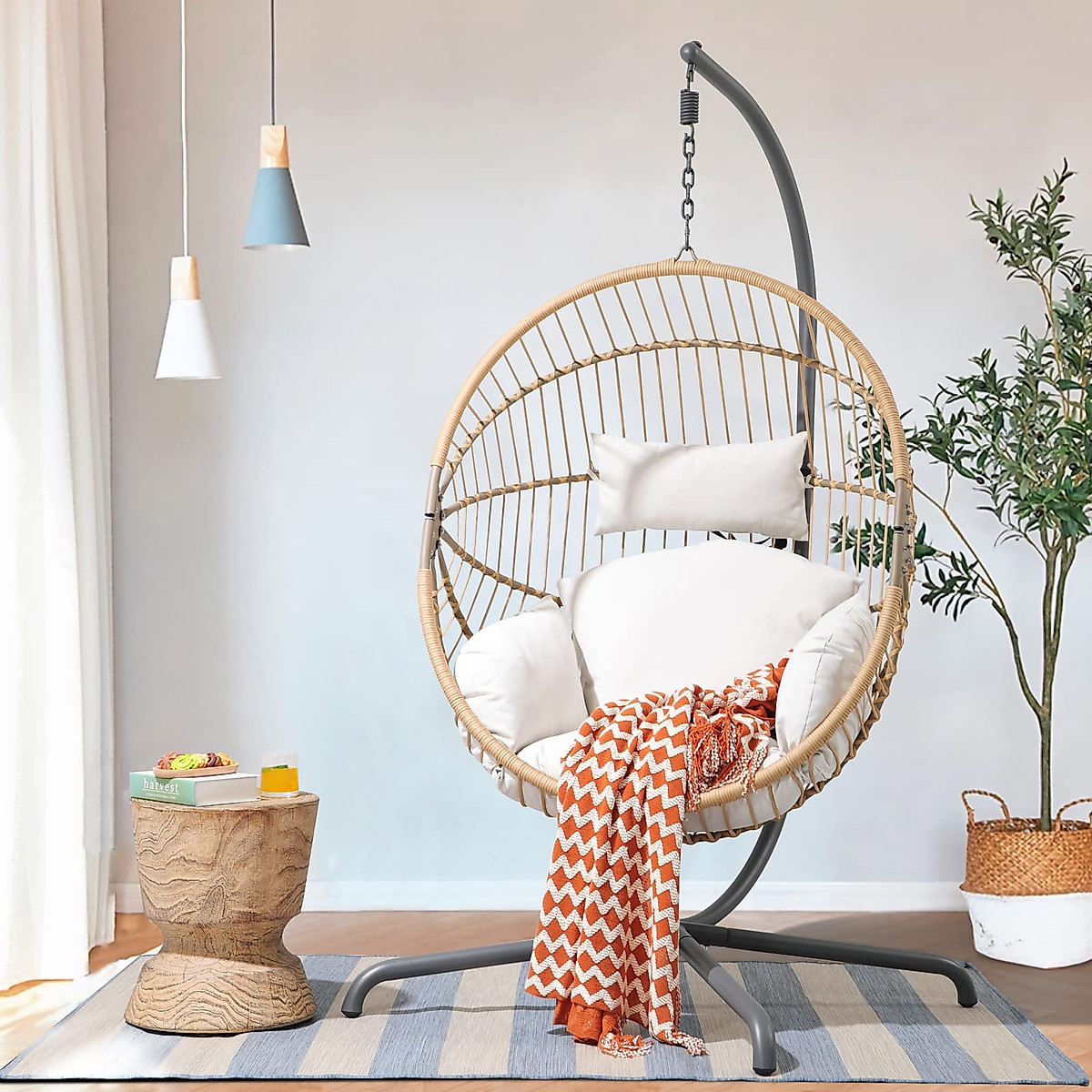 Patiorama Indoor Outdoor Egg Swing Chair with Stand, Oversized Cocoon-Shaped Rope Woven Hanging Chair, Cushion,Safety Strap,Patio Wicker Foldable Hammock Chair for Porch,Garden,Bedroom (Creamy White)