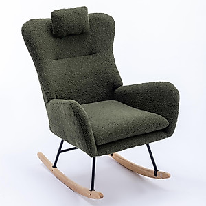 Lepfun 35.5 inch Casual, Soft Teddy Velvet Fabric Rocking Chair for Nursery,Comfy Wingback Glider Rocker with Safe Solid Wood Base for Living Room Bedroom and Balcony,Dark Green
