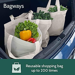 Bagways 10 PACK Reusable Grocery Bags with Handles, Durable, Foldable, Washable Eco-Friendly Shopping Totes, 14x6.5x14 Inch, Cream