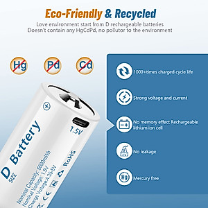 winbasic Rechargeable Lithium D Batteries with 4 in 1 USB-C Charging Cable,1.5V D Size Cell Battery 5600mWh for Flashlight Toys & floodlight (4 Pack)