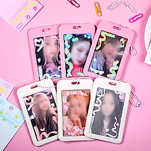 6 Pcs Kpop Photocard Holder 2.1 x 3.3 Inch Kpop Cardholder Plastic Cover Holder Korean Stickers Colorful Decorative Stickers for Photocards Confetti Stickers Korean Ribbon Sticker with Keychain