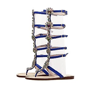 Women's Rhinestones Knee High Flat Roman Sandals,Fashion Diamond Flip Flops Mid Calf Gladiator Sandals,Summer Glitter Thong Beach Sandals (8,Blue)