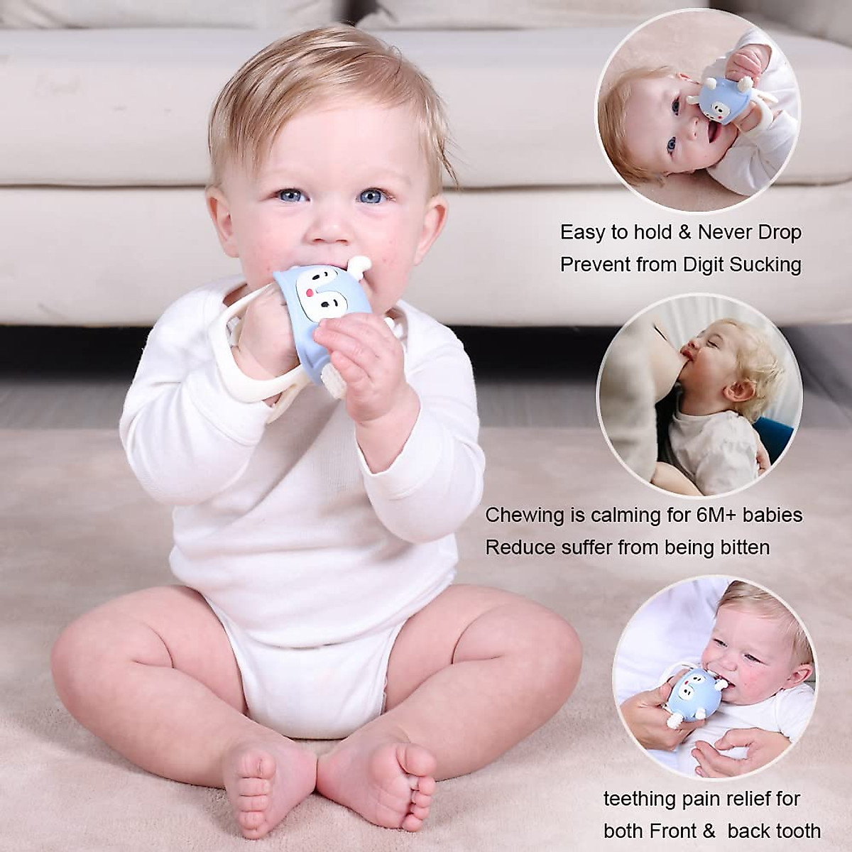 Smily Mia Reindeer Organic Baby Toys 0-6Months, Mitten for 3-6Months, Easy to Hold Stem with Chewing Nubs for Teething Pain Relief for 6-12Months Babies, Light Blue