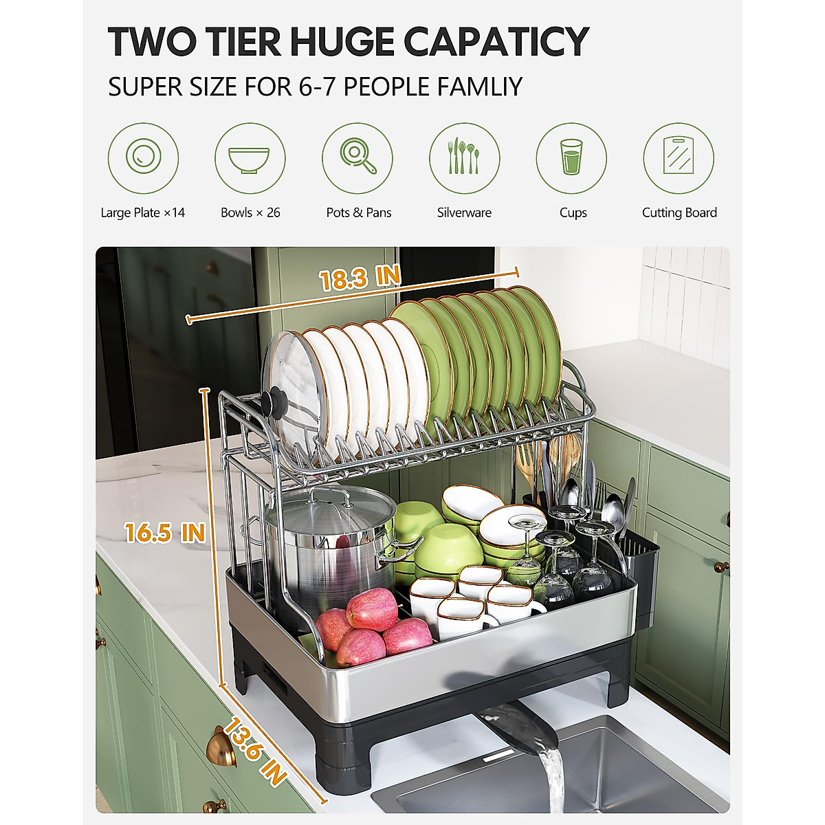 BOOSINY Dish Drying Rack, 304 Stainless Steel 2 Tier Large Dish Rack and Drainboard Set with Swivel Spout Drainage, Full Size Dish Drainer with Utensil Holder for Kitchen Counter of Big Family