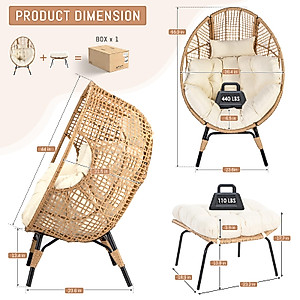 OUTPLATIO 2 Pieces Egg Chair Wicker Patio Egg Chair with Ottoman Rattan Teardrop Cuddle Cocoon Chair for Indoor Outdoor Bedroom Porch Backyard Deck Garden (2 pcs,Beige)