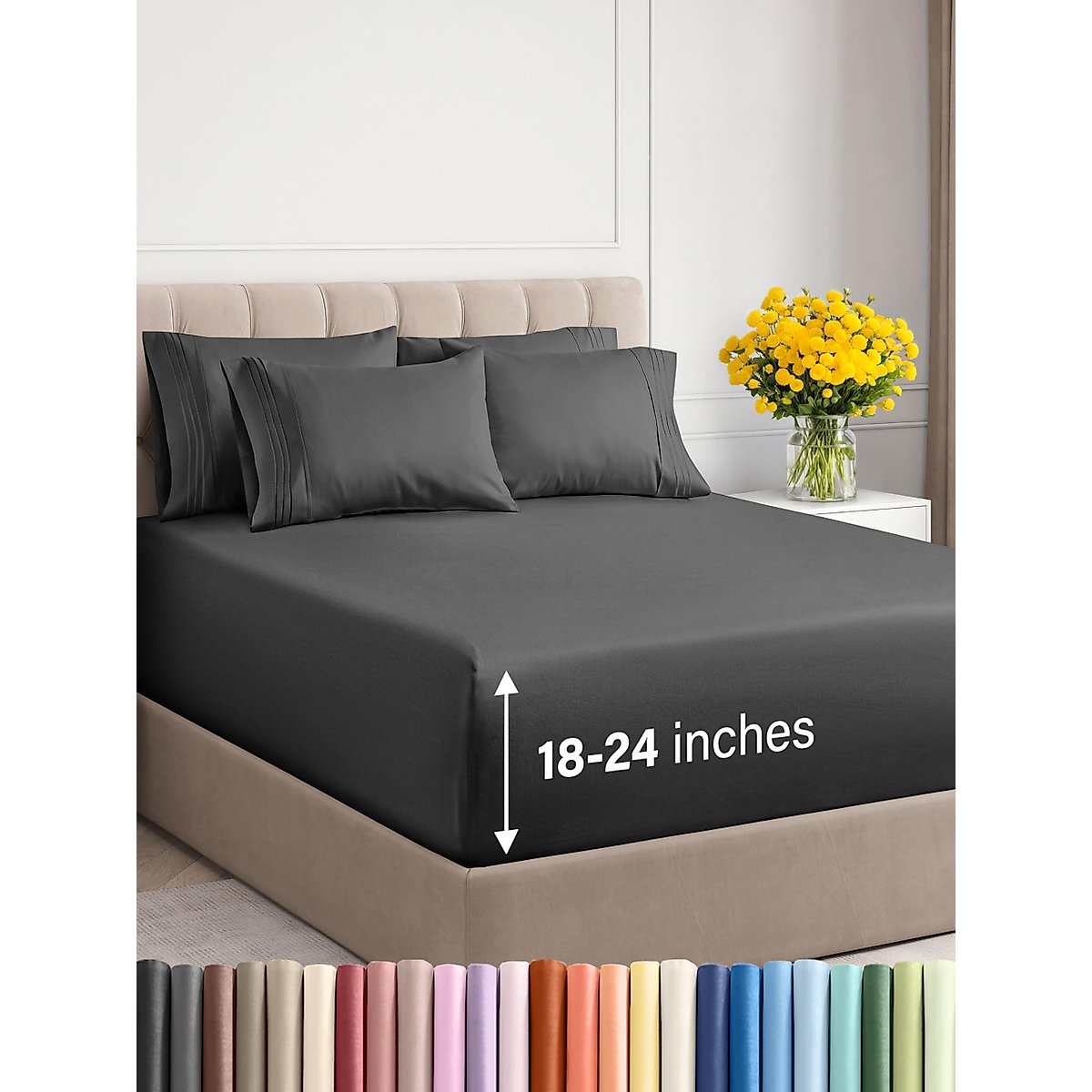 Extra Deep Queen Sheet Set - 6 Piece Breathable & Cooling Sheets - Hotel Luxury Bed Sheets Set - Easy & Secure Fit - Soft, Wrinkle Free & Comfy Sheets Set - Grey Sheet Set w/Extra Deep Pockets
