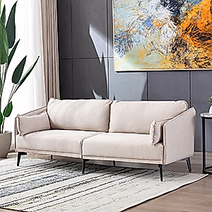 COSVALVE Beige 3 Seater Sofa Couch, Modern Fabric Upholstered Sofa with Two Cushions, 74 inch Sofa Furniture for Living Room Office Bedroom Apartment, Metal Leg Three People Seat