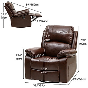 YITAHOME Swivel Glider Rocker Recliner Chair for Nursery，Manual Swivel Rocking Recliner，Mordern Home Theater Seating Soft PU Reclining Chairs for Living Room，Brown