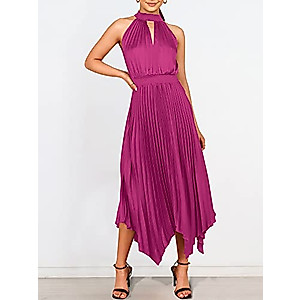 ANRABESS Women's Sleeveless Cutout Halter Neck Satin Formal Dress Smocked Pleated Asymmetric Party Cocktail Maxi Dress Elagant Wedding Guest Evening Graduation Prom Dress 752meihong-M Rose
