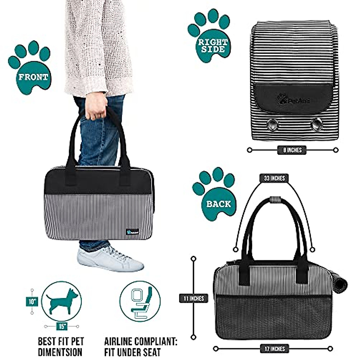PetAmi Airline Approved Dog Purse Carrier | Soft-Sided Pet Carrier for Small Dog, Cat, Puppy, Kitten | Portable Stylish Pet Travel Handbag | Ventilated Breathable Mesh, Sherpa Bed (Stripe Black)
