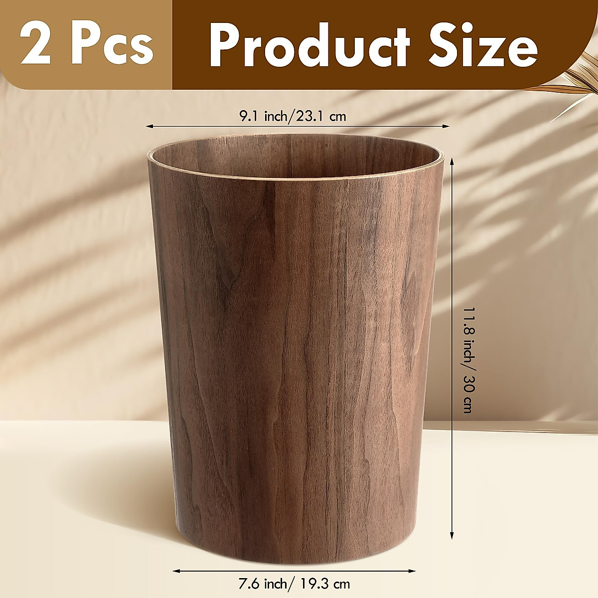 Threehoney 2 Pack 2.3 Gallons Wood Trash Can Wastebasket Natural Wood Round Wastebasket Small Trash Bin for Home, Office Under Desk, Kitchen, Bedroom, Den, Hotel,Room