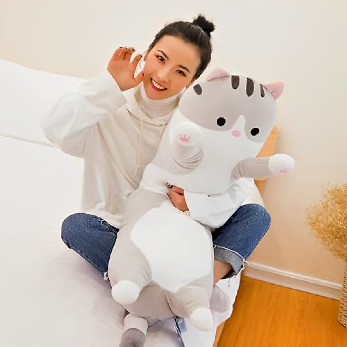 WUYU Lovely Plush Cat Doll Cute Cartoon Soft Stuffed Kitten Pillow Long Throw Sleeping Pillow Doll Toy Gift for Kids Girlfriend Multiple Size (Grey,50cm/19.6in)