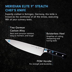 Messermeister Meridian Elite 9” Stealth Chef’s Knife - Fine German Steel Alloy Blade - Rust Resistant & Easy to Maintain