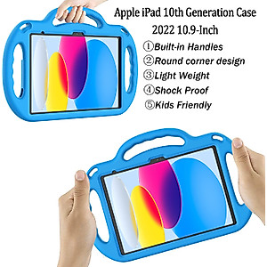 LTROP Kids Case for iPad 10th Generation 10.9 Inch 2022, iPad 10.9 Case 10th Generation, with Shoulder Strap, Durable Light Weight Handle Stand Child-Proof Bumper Case for iPad 10th Gen 2022, Blue