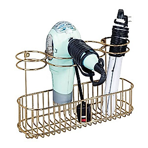 mDesign Metal Wire Cabinet/Wall Mount Hair Care & Styling Tool Organizer - Bathroom Storage Basket for Hair Dryer, Flat Iron, Curling Wand, Hair Straightener, Brushes - Holds Hot Tools - Brass