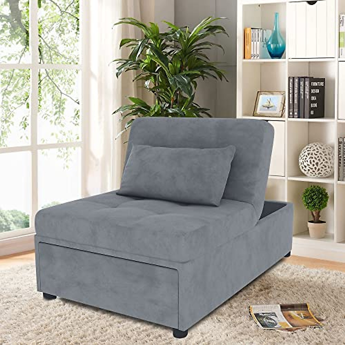 Velvet Convertible Sofa Bed, 4 in 1 Multi-Function Folding Ottoman Lounge Chair, Modern Sleeper Bed Couch Guest Bed with Adjustable Backrest and Pillow for Living Room Small Room Apartment (Gray)